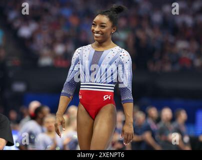 June 28, 2024: Simone Biles smiles after her first vault at the 2024 ...