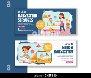 Babysitter or Nanny Services Horizontal Banner Flat Cartoon Hand Drawn ...