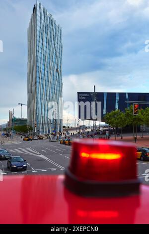 The Office tower buildings and Telefonica skyscraper with the Andes ...