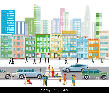 City overview with traffic and houses, information illustration Stock ...