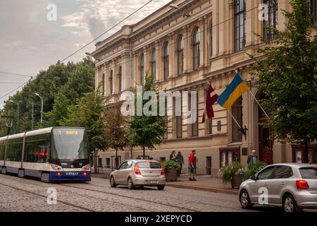 Picture of a Skoda 15T tram running in the streets of riga, operated by ...