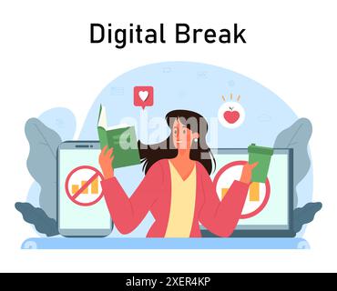 Modern wellbeing practice. Digital detox. Character taking a break from ...