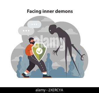Mental health. Character with mental disorder fight against stress ...