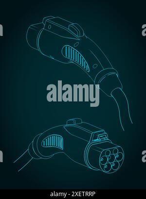Stylized vector illustrations of blueprints of EV charger type 2 plug ...