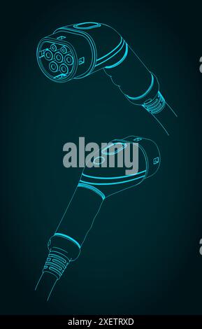 Stylized vector illustrations of blueprints of EV charger GB/T AC ...
