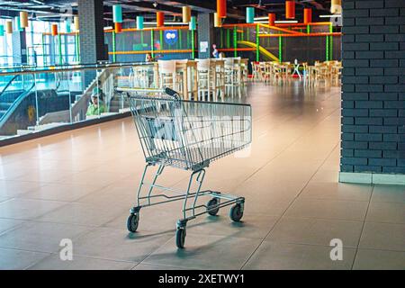 empty iron grocery cart is left near the door to a supermarket Stock ...