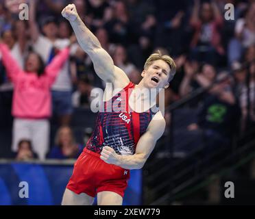 June 29, 2024: Shane Wiskus celebrates after a routine at the 2024 ...