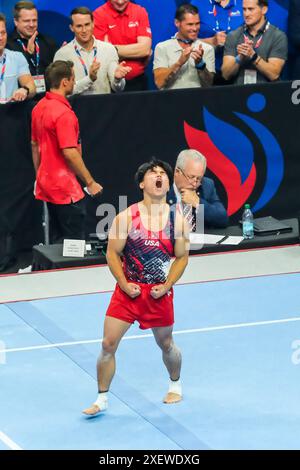 Asher Hong (USA) competing on the rings during the Artistic Gymnastics ...