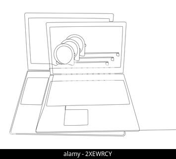 One continuous line of Laptop with Ruler tape. Thin Line Illustration ...
