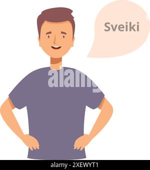 Happy man speaking lithuanian, saying the word sveiki, which means ...