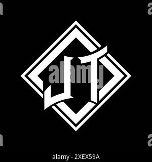 JT Letter logo with abstract shield shape with square black outline on white background template ...