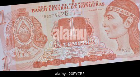One Lempira banknote printed by Honduras, that shows Ruins of Copan ...