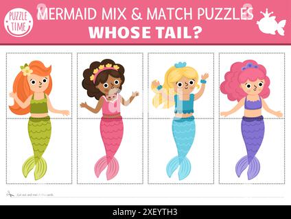 Vector mermaid mix and match puzzle with cute sea princess. Matching ...