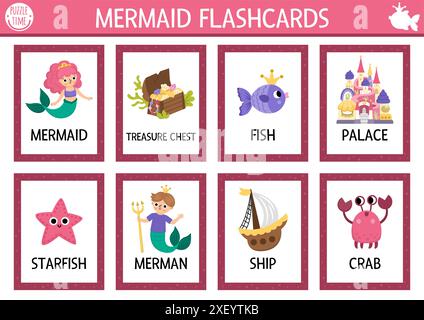 Vector flash cards set with water animals, octopus, seahorse. English ...