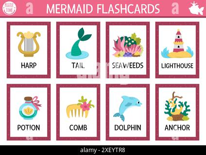 Vector flash cards set with water animals, octopus, seahorse. English ...