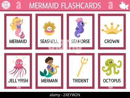 Vector flash cards set with water animals, octopus, seahorse. English ...