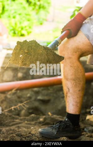 Guy is digging ground. Man with shovel. Details of rural life. Digging ...
