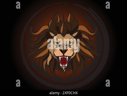 Powerful lion roaring showing its fangs on black background Stock ...