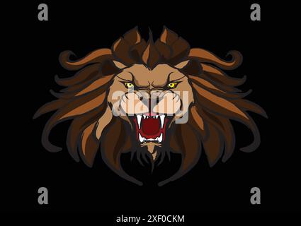 Powerful lion roaring showing its fangs on black background Stock ...