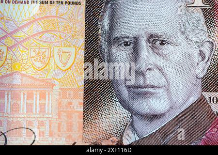 Close up detail of the first banknotes to feature King Charles III that ...