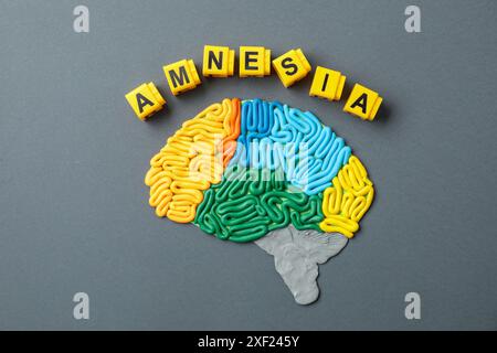 Word Amnesia, brain with sections made of plasticine and mannequin hand ...