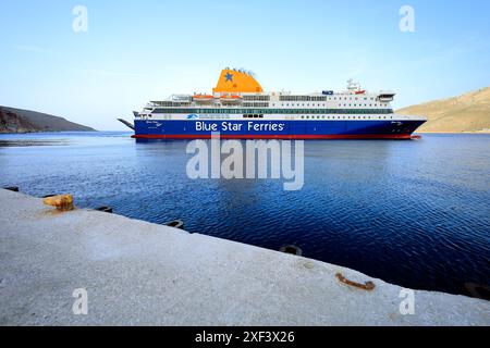 Blue Star Ferries ship The Patmos arriving at Livadia harbour, Tilos ...