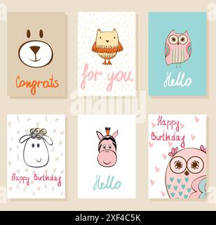 Collection of cute artistic cards for kids. Funny animals in vector ...
