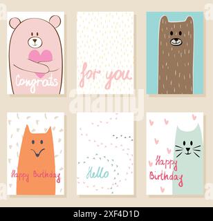 Collection of cute artistic cards for kids. Funny animals in vector ...