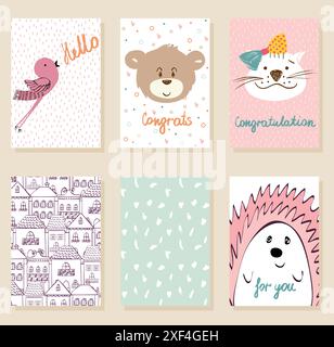 Collection of cute artistic cards for kids. Funny animals in vector ...