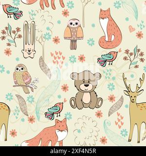 Cute Autumn Hand Draw Owl On the Seamless Pattern Of Acorn leaves and ...