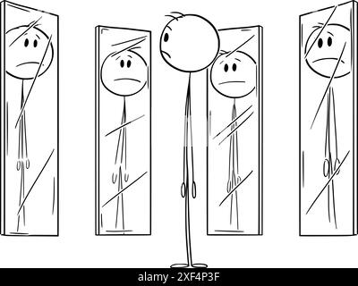 Person looking at themselves in mirrors, vector cartoon stick figure or ...