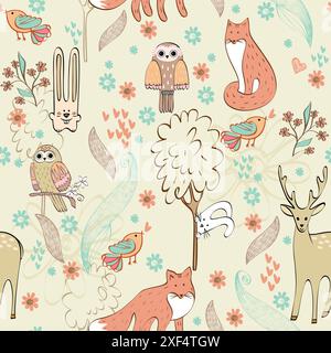 Cute Autumn Hand Draw Owl On the Seamless Pattern Of Acorn leaves and ...