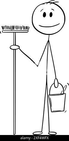 Smiling cartoon janitor with mop. Funny fat character in green suit ...