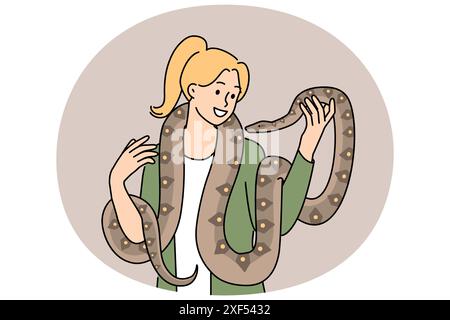 Woman with long snake around neck smiles enjoying communication with ...