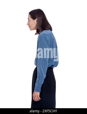Woman with poor posture on white background Stock Photo - Alamy