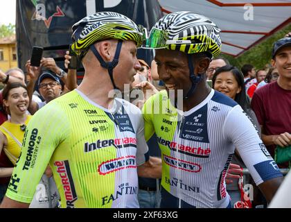 Biniam Girmay celebrates with his teamates after taking the win at the ...