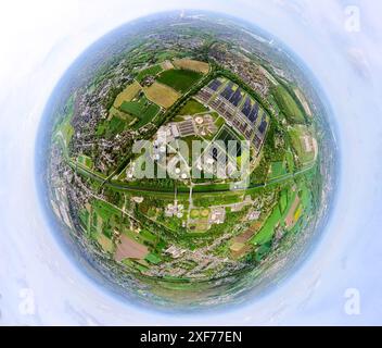 Modern sewage treatment plant, aerial view from drone at the evening ...