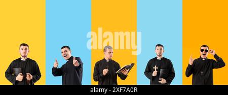 Set of young priests on color background Stock Photo - Alamy