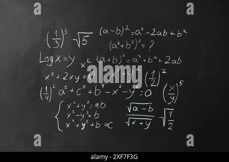 Chalkboard with many different math formulas on white wall Stock Photo ...