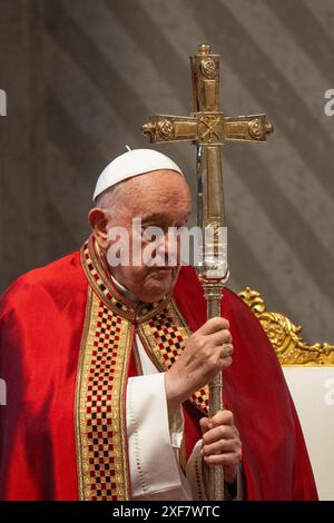 Pope Francis holds the pastoral staff as he celebrates a mass for ...