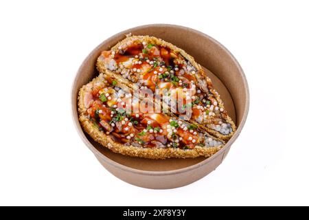 Fried hand roll Temaki in panko breadcrumbs on a white background 1 ...