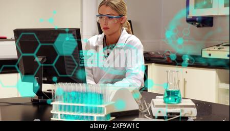 Image of codes and molecule structure over caucasian female scientist ...