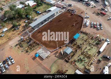 Aerial view of rodeo arena in the town of Ures, Sonora, Mexico. Jaripeo ...