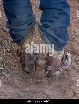 Boots and dull-roweled spurs of a rodeo cowboy before his bareback ...
