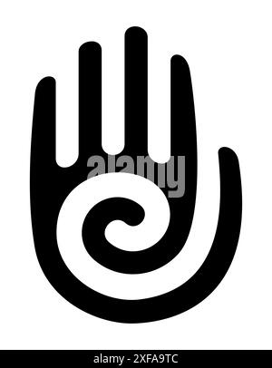 Hand with a spiral symbol on the palm, on a circle of hands background ...