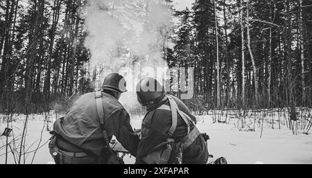 Back View On Re-enactors Dressed As American Infantry Soldiers Fire ...
