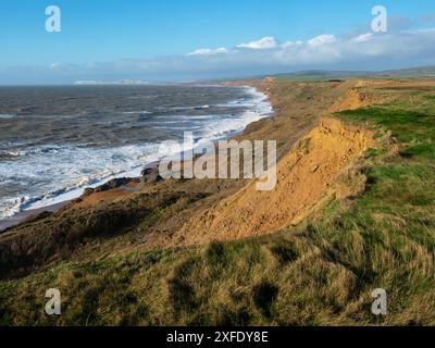 Coastal footpath and cliffs with Atherfield Point and The Needles ...