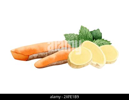 Watercolor turmeric roots, slices and leaves watercolor seamless ...