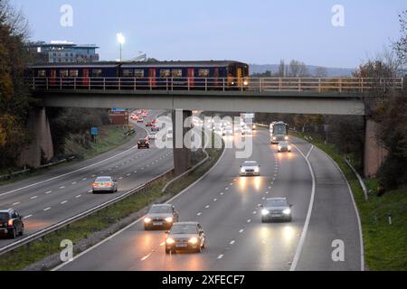 Train crossing railway bridge over M5, Devon, UK Stock Photo - Alamy
