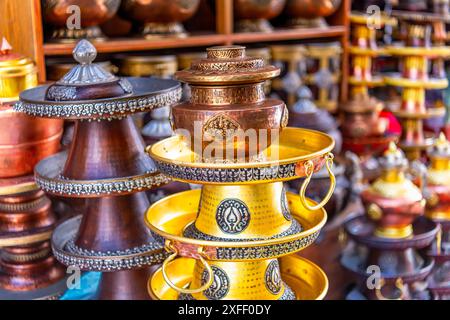 Bronze tea pots, merchandise hang, sell in Tibetan market, Lhasa, Tibet ...